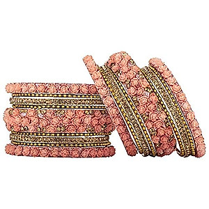 Aheli Ethnic Colorful Metal Bangles Chudha Set Stone Studded Bangle Set Indian Wedding Wear Fashion Jewelry for Women & Girls Peach