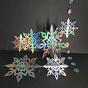 3D Iridescent Snowflake Decorations Holographic Snow Flakes Garland Winter Wonderland Frozen Theme Party Hanging Streamer Backdrop Decor Banner Christmas New Year Baby Shower Birthday Party Supplies