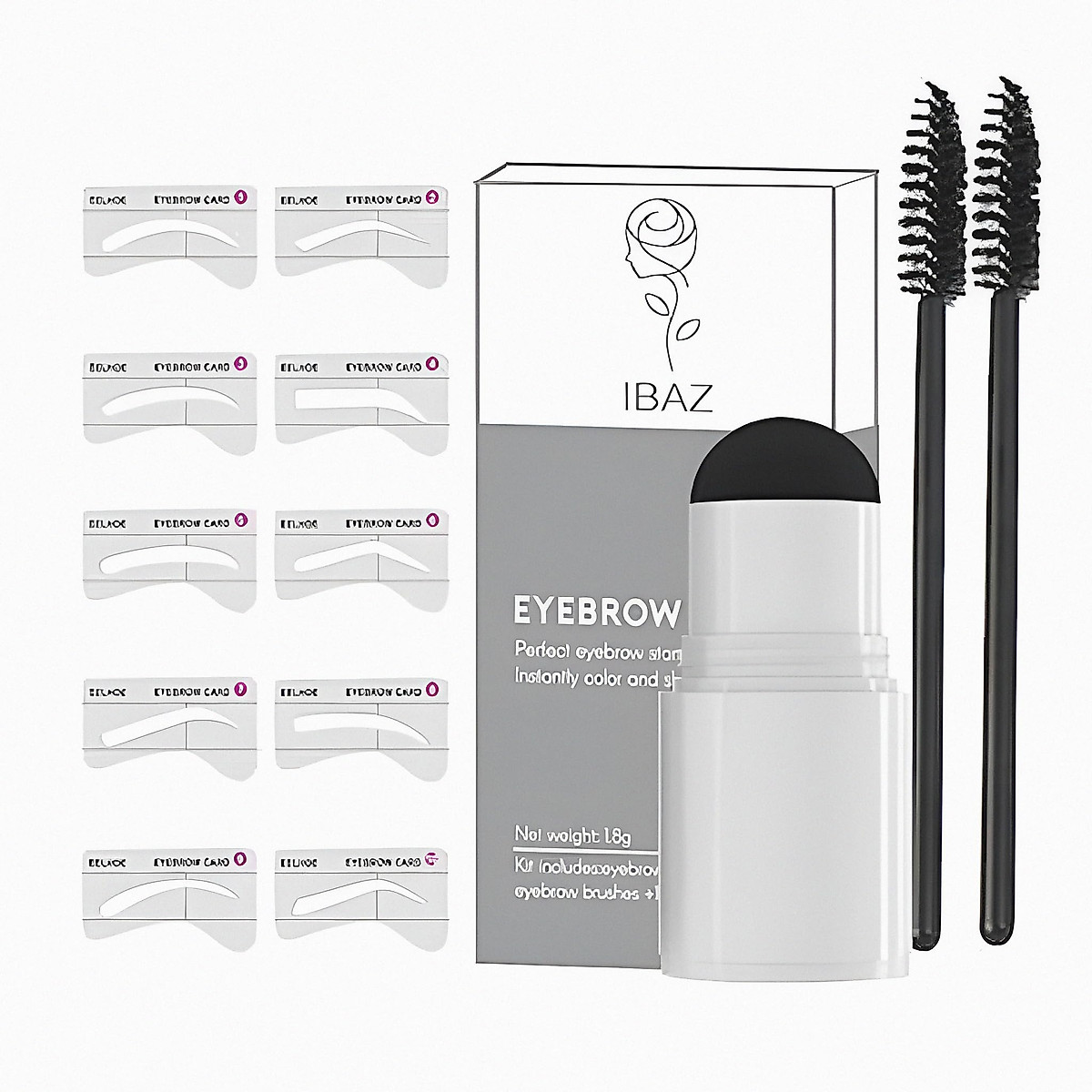 IBAZ Waterproof Eyebrow Stamp Kit: 10 Reusable Stencils, 2 Brushes, Light Brown