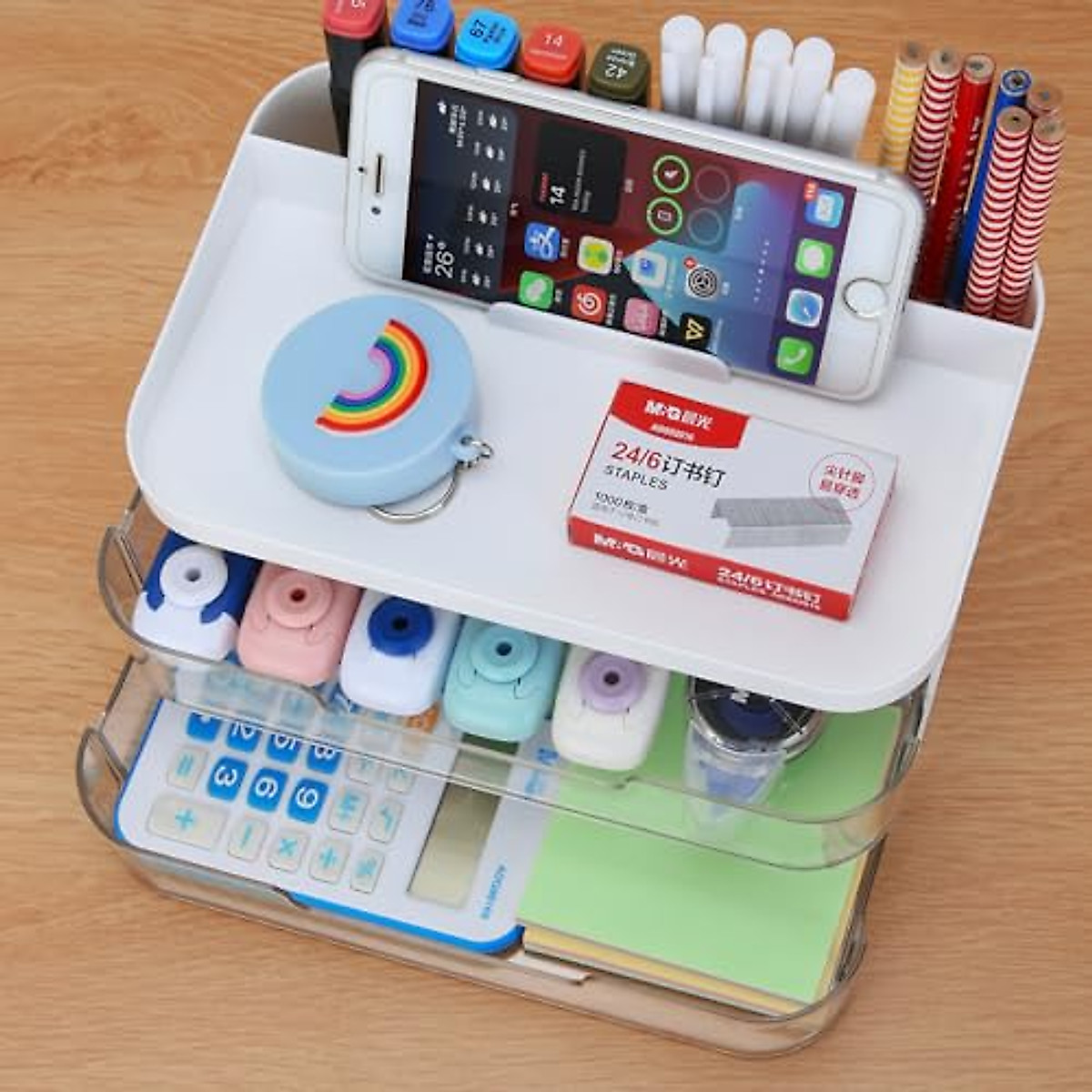 LETURE Desk Organizer with 2 Drawer, Plastic Desktop Storage Organizer Pencil Card Holder Box Container for Desk, Office School Home Supplies, Vanity Table (White)