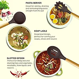 Kinfayv Silicone Cooking Utensils Kitchen Utensil Set, 21 PCS Wooden Handle Nontoxic BPA Free Silicone Spoon Spatula Turner Tongs Kitchen Gadgets Utensil Set for Nonstick Cookware with Holder (Coffee)