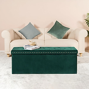 PINPLUS Storage Ottoman Bench for Bedroom, Green Ottoman Folding Velvet Toy Chest with Benches Foot Rest Stool, Large Long Foldable Chest for Entryway Living Room, 41.3"x15.7"x15.7"