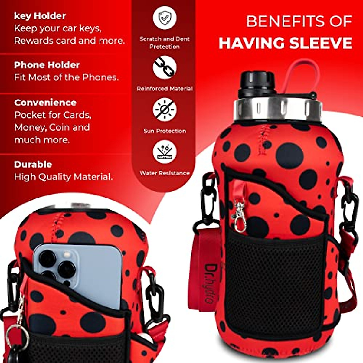 DR.HYDRO Half Gallon Water Bottle with Sleeve Includes Straw & Chug Lid - BPA Free Sports Water Jug | Leakproof Large Water Bottle with Silicone Handle (74 Ounce)