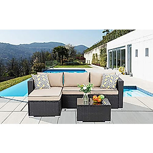 Shintenchi Outdoor Wicker Patio Sofa Set, Black All-Weather Rattan Small Sectional Patio Set and Chaise Lounge w/ Glass Table and Washable Couch Cushions Patio Conversation Set (3 Piece,Brown/Black)