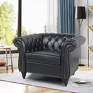 FOKWE Chesterfield Chair Leather, Upholstered Single Sofa Chair, Accent Comfy Club Armchair with Rolled Arms and Nailhead for Living Room, Bedroom (Black)