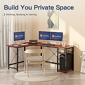 Coleshome L Shaped Computer Desk 66" with Storage Shelves, Corner Gaming Desk, Sturdy Writing Desk Workstation, Modern Wooden Desk Office Desk, Wood & Metal, Teak
