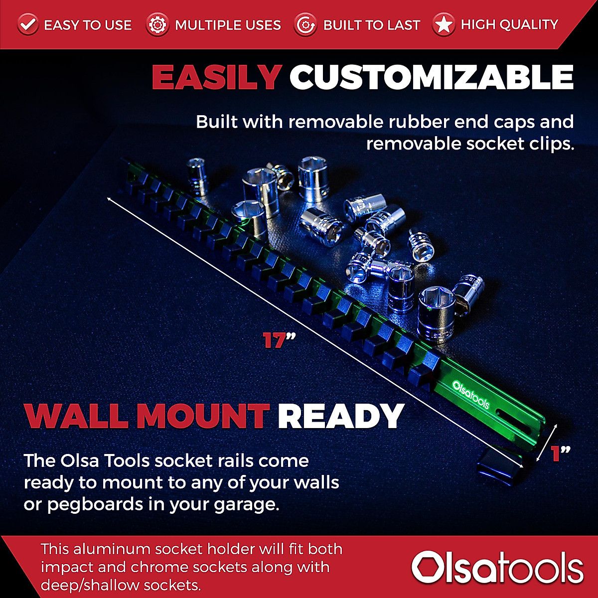 Olsa Tools Socket Organizer (1/4-Inch Drive, Green) - Socket Storage Rails for Mechanics - Socket Holder and Socket Rail - Holds 24 Chrome or Impact Sockets - Professional-Grade - Part: 1103