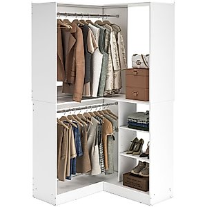 Unikito Corner Closet System, 36 Inch Large Freestanding Closet Organizer System with 2 Hanging Rods and Storage Shelves, Sturdy Walk in Closet Tower, 36" W x 36" D x 80" H, White