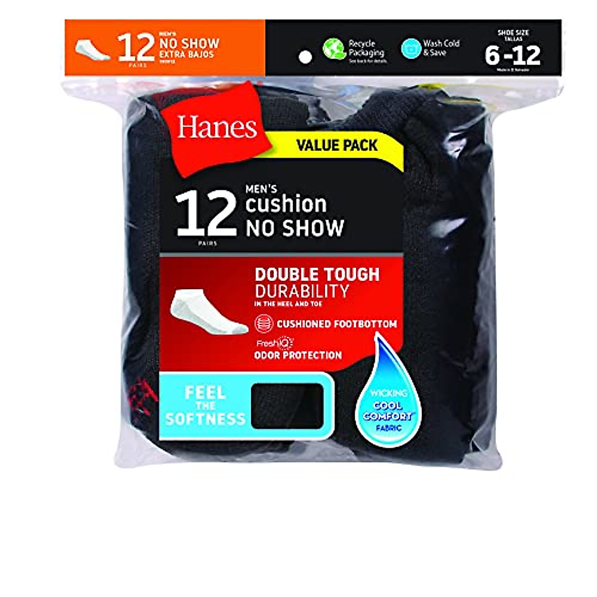 Hanes Men's Double No Show Socks 12-Pair Pack, Available in Big & Tall