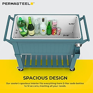 Permasteel 80-Qt Antique Patio Cooler for Outside | Outdoor Beverage Cooler Bar Cart, Rolling Cooler with Wheels and Handles, Wooden Teak Accent, Teal Blue-Green