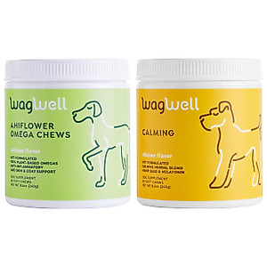 WagWell Ahiflower Omega Oil Dog Chews & Calming Chews Bundle - Skin, Coat, Hip and Joint Supplement for Dogs - Anxiety Relief