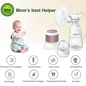 Portable Electric Breast Pump, YIHUNION Dual Use Single Baby Milk Pump Rechargeable Breastfeeding Pump with Adjustable Massage Suction Level and 10pcs Free Storage Bags