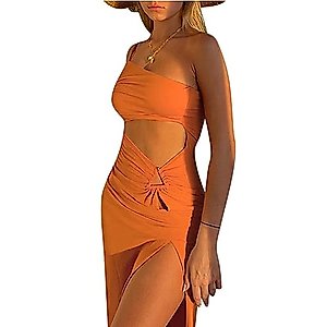 Bacmaze Y2K Dress Sexy Strapless Strap High Slit Bodycon Dresses Mini Sleeveless Cutout Slim Summer Night Party Dress