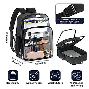 KETIEE Clear Backpack Heavy Duty, Stadium Approved Clear Bag Leather with Trolley Sleeve, Large Waterproof Transparent Backpack for Adults Work Travel Sports Concerts (Black)