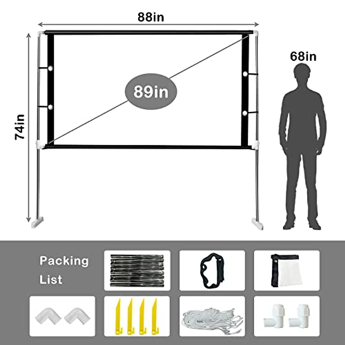 Projector Screen with Stand, Foldable Movie Screen Outdoor Indoor Projection Screen for Home Theater Backyard Cinema Party Office Travel, 16:9 4K HD Rear Front Projection Movies Screen, 89 inch