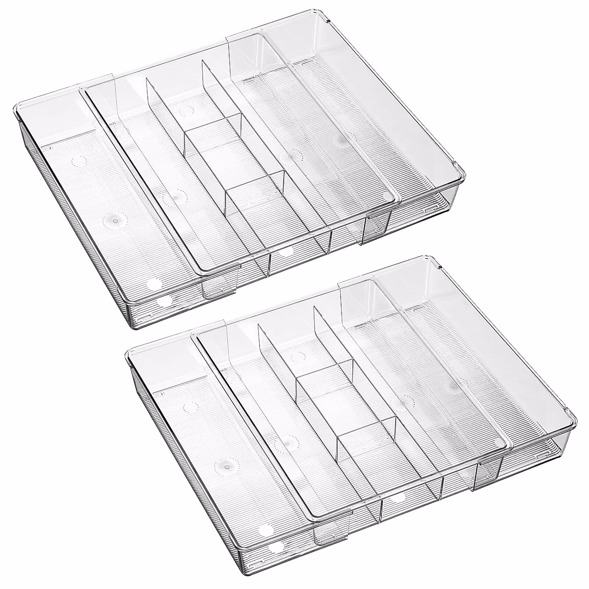 mDesign Dual Expandable Plastic In-Drawer Utensil Organizer Tray Deep 5 Section Divided for Kitchen Organization; Holds Cutlery, Flatware, Silverware, Cooking Utensils, Ligne Collection, 2 Pack, Clear