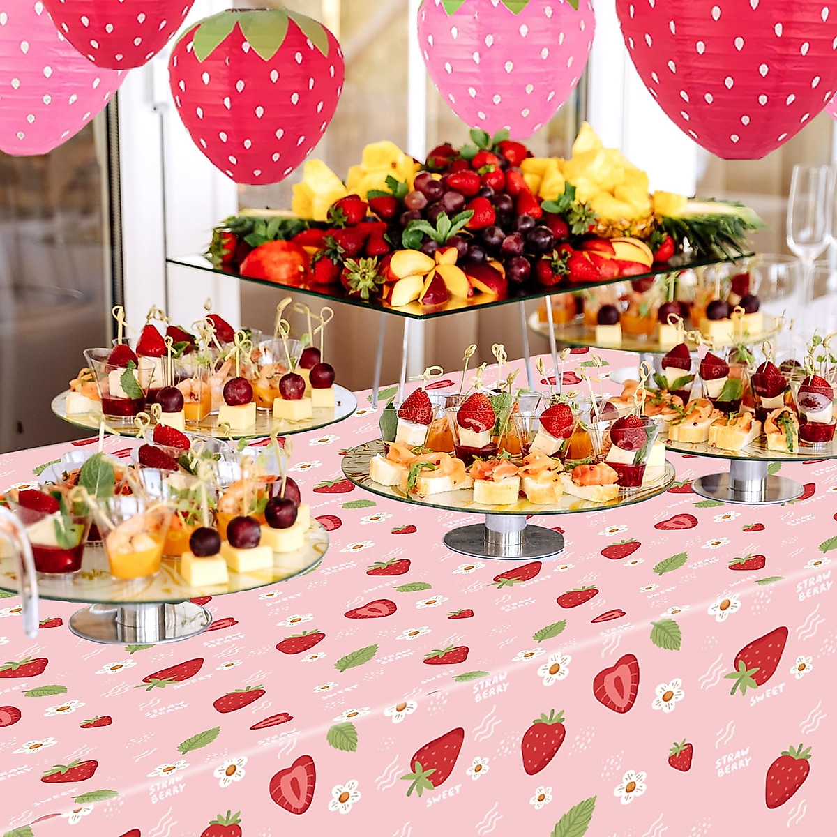 Ayearparty 4 Pack Strawberry Tablecloth Sweet One Birthday Table Cover Berry First Birthday Decorations Plastic Strawberry Theme Party Decor Party Supplies for Girls Baby Shower 108 x 54 in