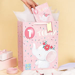 WRAPAHOLIC 16.5" Extra Large 1st Birthday Gift Bag with Card and Tissue Paper - Adorable Elephant Design for Baby Girl, Baby Shower, Party