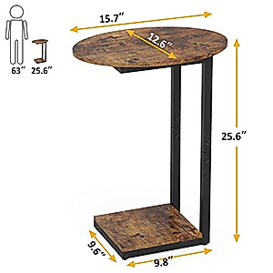 Small Side Table C Table End Table - Small Wood Coffee Table TV Tray for Eating Couch Tables That Slide Under, Modern C Shaped Side Table for Small Space, Oval Table Top Design, Rustic Brown