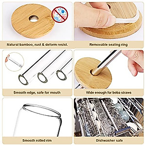 FEIMADA Drinking Glasses 4Pcs, 16oz Can Shaped Glass Cups with Bamboo Lids and Straw, Reusable Boba Cup, Beer Glasses, Iced Coffee Glasses, Cocktail Glasses, Wide Mouth Mason Jars for Smoothies