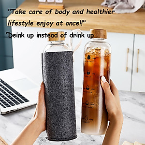 ZEBEIYU 32oz Glass Water Bottle,Borosilicate Glass Drinking Bottles with Time Marker,Bamboo lids,Felt Sleeve,Dishwasher Safe,Reusable,Leak-Proof,BPA Free for Office,Sports,Gym,Travel (Pack1)