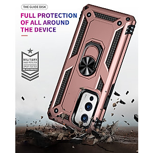Dionsibei Military Grade Drop Impact for Oneplus 9 Case Oneplus 9 5G Case 360 Metal Rotating Ring Kickstand Holder Armor Heavy Duty Shockproof Case for Oneplus 9 Phone Case (Rose Gold)