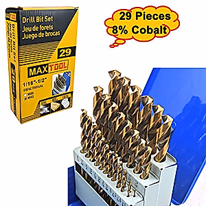 MaxTool 29 Pieces Drill Set 29PCs/29-Piece Twist Drill Bit Set 8% Cobalt HSS M42 Fully Ground 1/16“ to 1/2”x64th Fractional; JBS42G10R029P