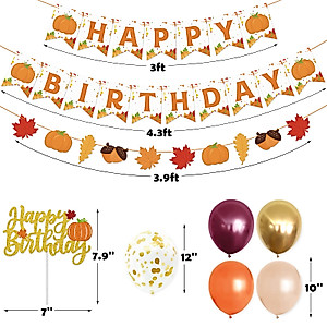 Pumpkin Birthday Decorations Supplies Fall Themed Happy Birthday Banner Fall Leaves Garland Pumpkin Cake Topper and Balloons for Autumn Fall Thanksgiving Birthday Party Favors Photo Props Backdrop