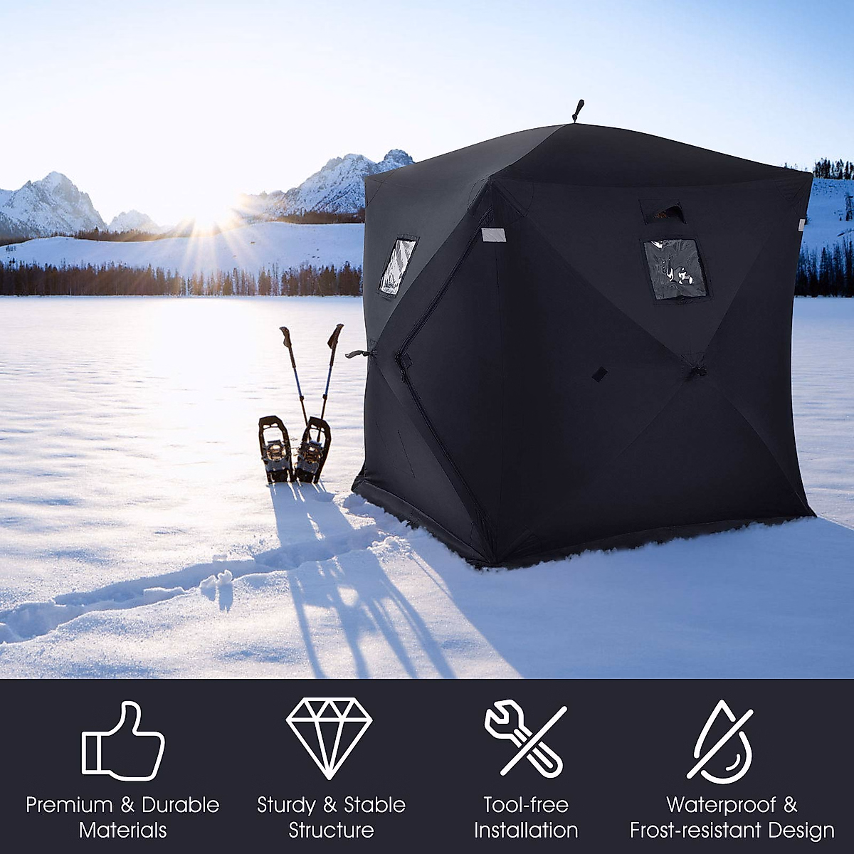 Gymax Ice Shelter, Pop-up Waterproof Fishing Tent 2-Person Portable Ice Tent with Detachable Windows, Zippered Door & Carry Bag