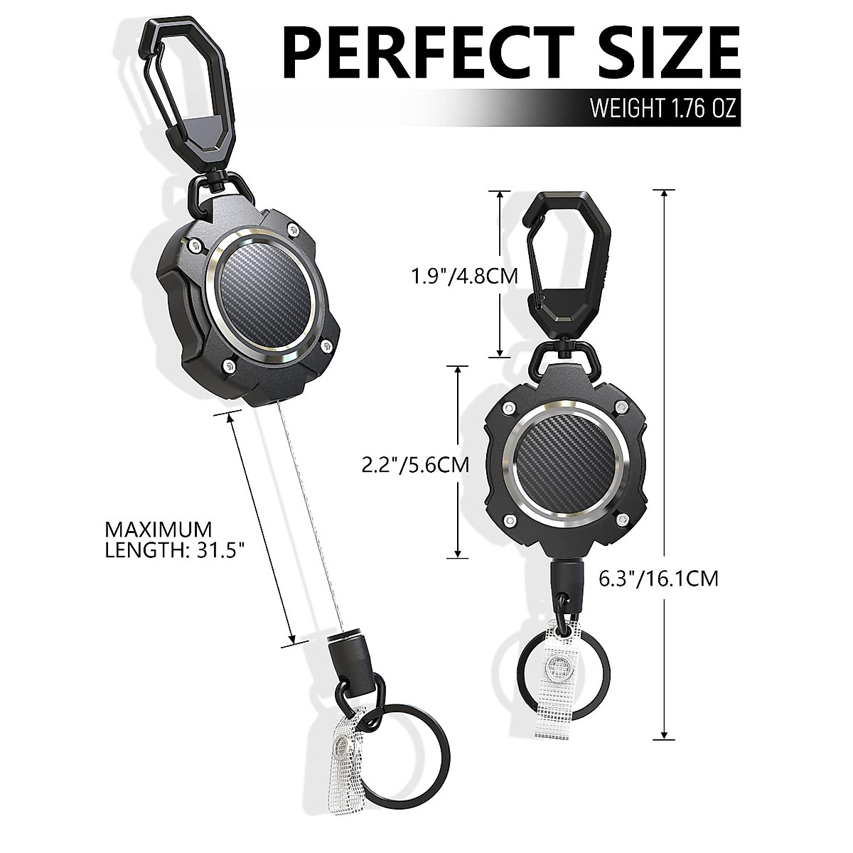 LIUGX 2 Pack Retractable Keychain, Heavy Duty Carabiner Key Chains, 10,000+ Rebound, Impact Resistance ID Badge Reels with 31.5” Wire Rope and Key Ring, Up to 8oz, Aluminum Ring, Carbon Fiber-Texture