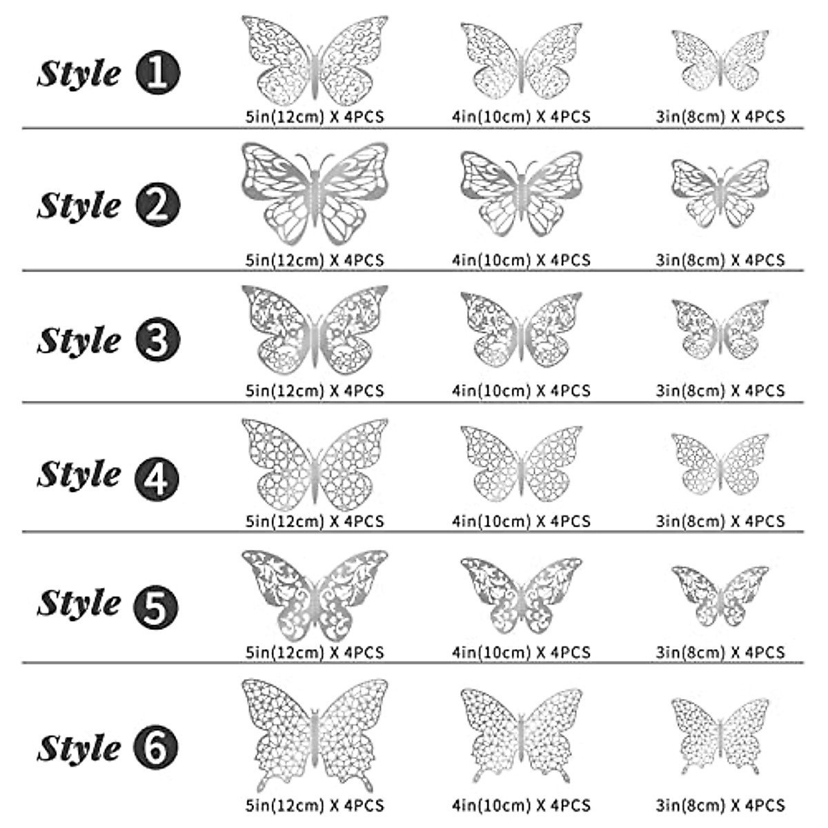 3D Butterfly Wall Decor - 72 PCS 3 Sizes 6 Styles Silver Butterfly Decorations - Butterfly Birthday Decorations Butterfly Party Decorations/Butterfly Cake Decorations/Butterfly Stickers for Birthday Kids Bedroom Nursery Wedding