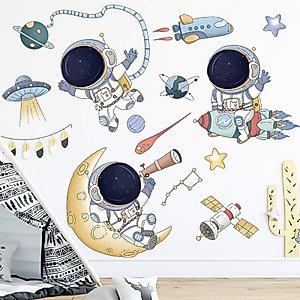 Astronaut Wall Decals Cartoon Spacecraft Outer Space Wall Stickers Removable Peel and Stick Art Murals for Kids Room Nursery Classroom Bedroom Living Room Home Decoration (Astronaut)