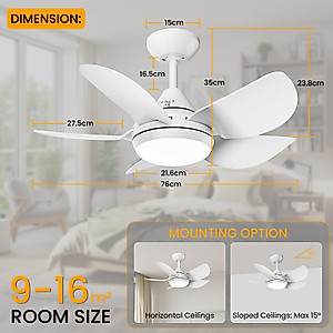 CJOY Ceiling Fans with Lights, 30 inch Small White Ceiling Fan with Light and Remote, LED Dimmable & Memory Function, 5 ABS Reversible Blades Fan Light for Kids Bedroom/Sloped Ceilings