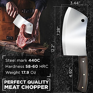 Grand Way Butcher Knife - 12.4 Inch Fixed Blade Knife - Best Cleaver Knives Meat Bone Vegetable Fruit BBQ Knife - Indoor Outdoor Cooking Utensil - Big Chef's Knives Camping Kitchen for Men Women A01