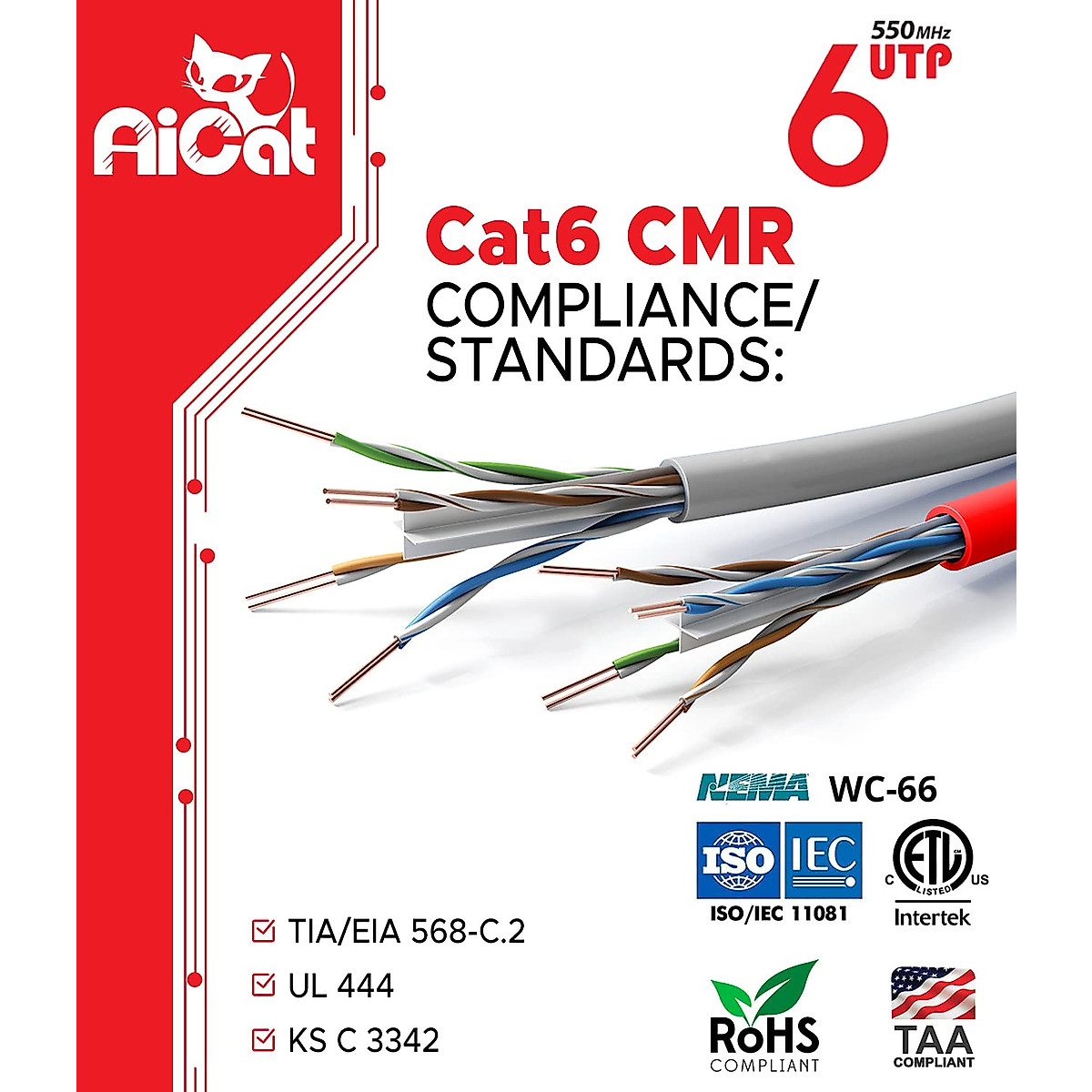 AiCat Cat6 Ethernet Cable 500ft - 23 AWG, CMR, ETL, Insulated Solid Bare Copper Wire Cat 6 Cable with Noise Reducing Cross Separator - 550MHZ / 10 Gigabit Speed Unshielded UTP LAN Cable (Blue)