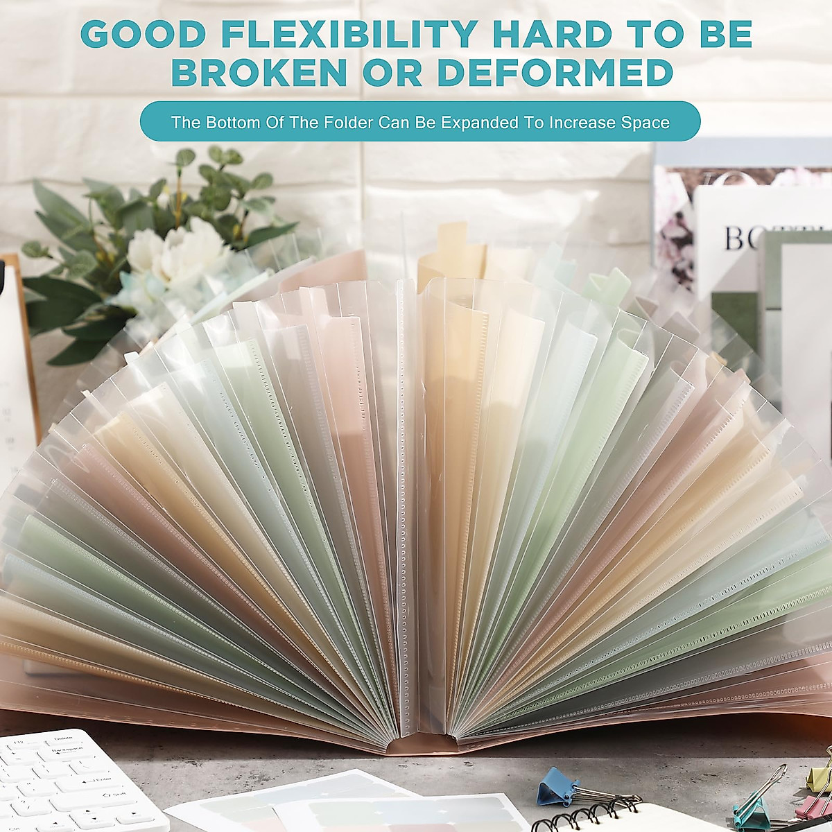 Harloon 2 Pack 24 Pockets Expanding File Folder with Cover Labels, Expanding File Organizer with Expandable Cover, Desktop Folders Letter A4 Paper Document Storage Organizer (Light Blue, Dark Pink)