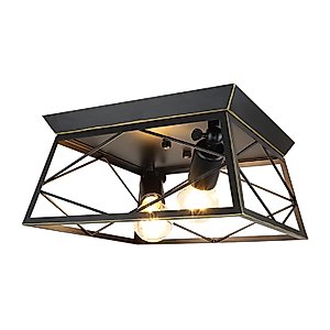 DLLT Farmhouse Flush Mount Ceiling Light Fixture, 2-Light Metal Square Close to Ceiling Light, Industrial Semi Flush Mount Ceiling Lamp for Bedroom Kitchen Hallway Porch Living Room, E26