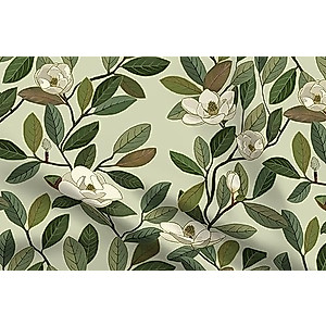 Spoonflower Fabric - Magnolia Blooms Green White Flowers Botanical Floral Printed on Petal Signature Cotton Fabric by The Yard - Sewing Quilting Apparel Crafts Decor