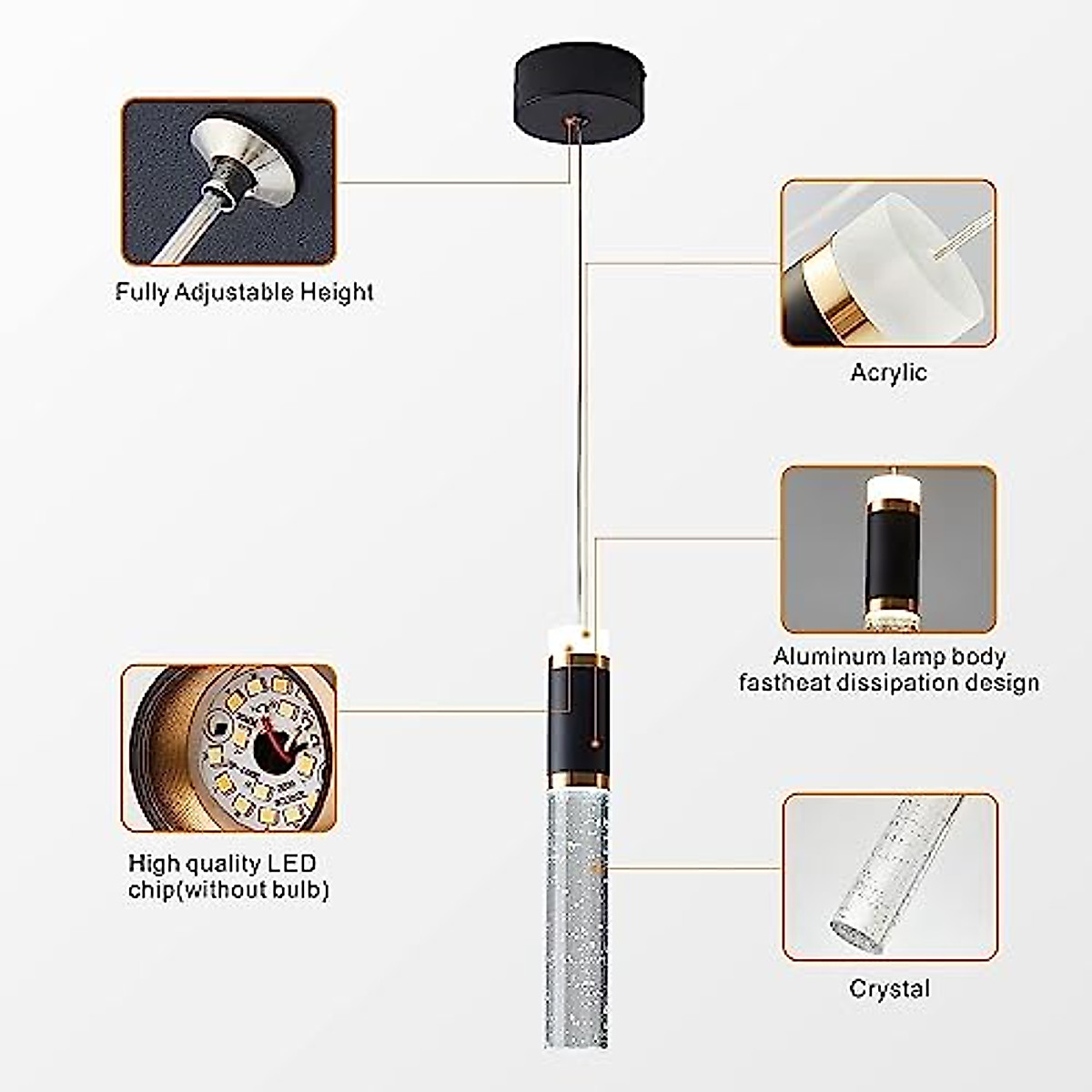 Led Pendant Light,Crystal Modern Led Kitchen Island Light Fixture,Adjustable Pendant Lighting for Kitchen Island,Black Gold Led Chandelier for Dining Room,Bedroom,Mini Pendant Spot Lights (1-Pack)