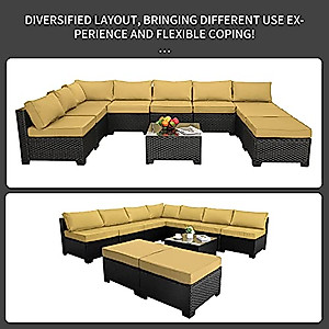 Patio Sectional Furniture Set 10-Piece Outdoor Wicker Conversation Sofa Couch with Olive Green Non-Slip Cushions Furniture Cover Black PE Rattan