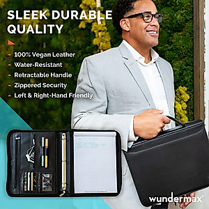 Wundermax Portfolio Binder - 13 x 10.7 x 1.9 Inch, Vegan Leather, 3-Ring Padfolio for Women and Men w/Handle, Zipper, Notepad, Detachable Binder and Pockets for Tablet, Resume and Documents - Black