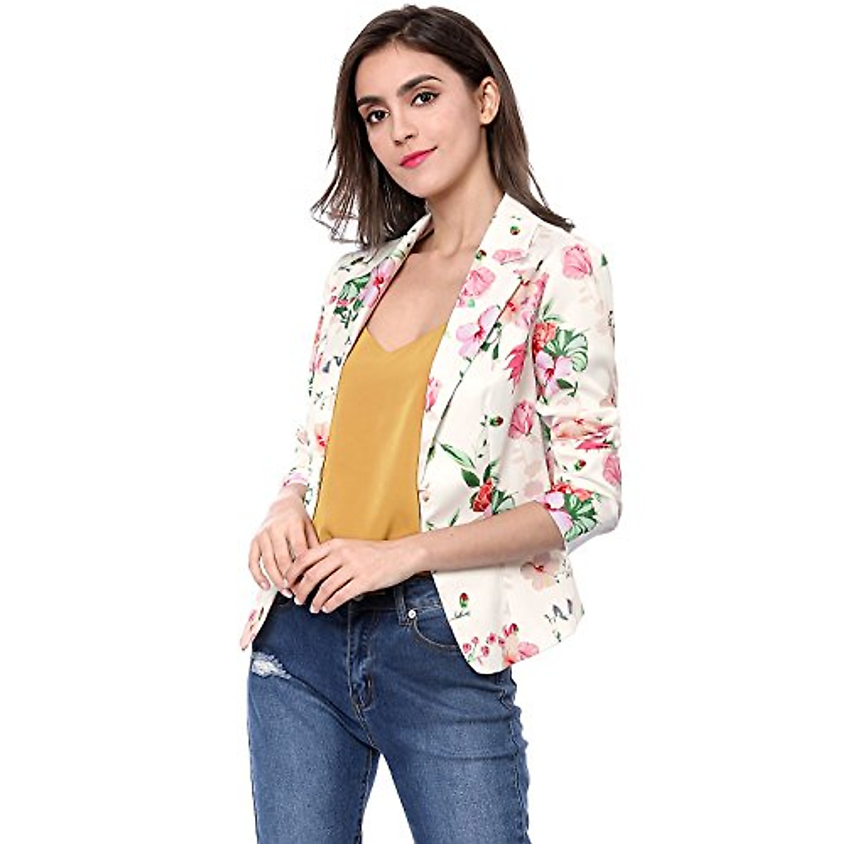 Allegra K Women's Open Front Notch Lapel Printed Business Casual Suit Blazer Jacket Medium White-Floral