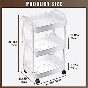 3 Tier Rolling Cart, Plastic Storage Cart, Multi-Functional Utility Cart Kitchen Storage Organizer,Mobile Shelving Unit Cart with Lockable Wheels for Bathroom,Laundry,Living Room,White