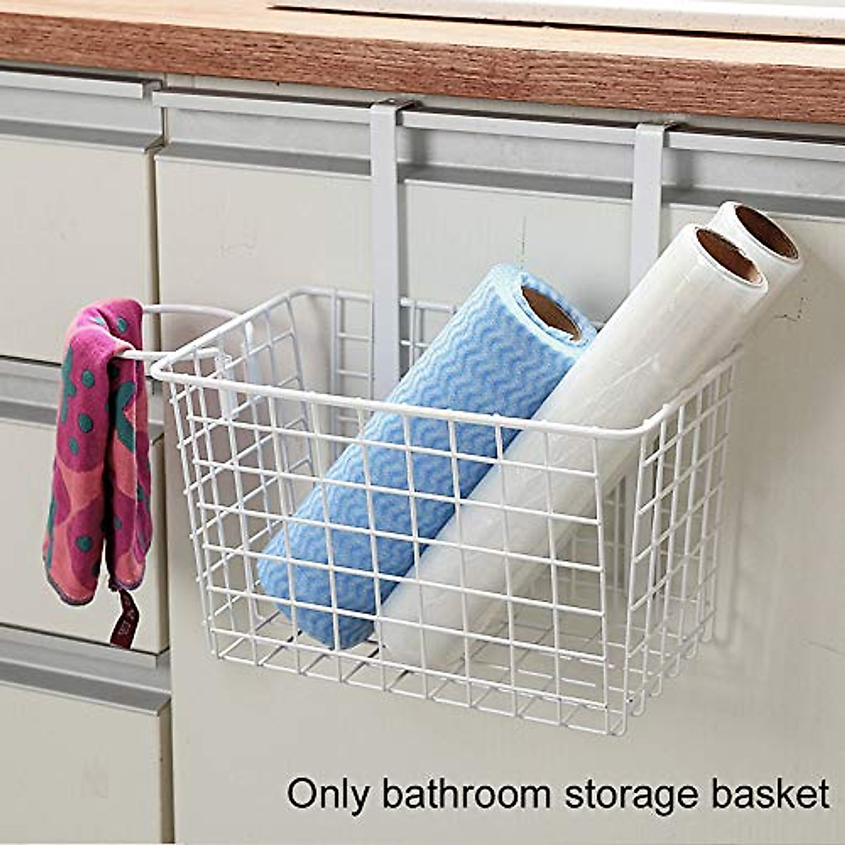 Bathroom Hair Dryer Holder, Kitchen Wall Mount Towel Rack Storage Basket Over The Cabinet Door Organizer Holder, Hanging Care Sundries Organization(White)