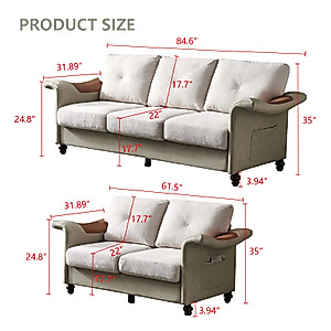 Myshle 2+3 Sectional Loveseat Couches Set with Side Pockets and Storage Box, Upholstered Chaise, Chesterfield Sofa Leather with Curved Arms, Wood Legs, Bedroom Living Room Furniture, Beige