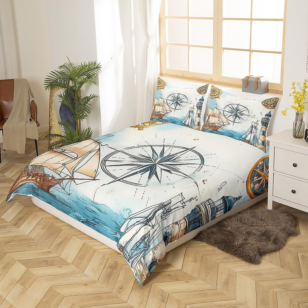 Nautical Sailboat Duvet Cover King Size,Compass Rudder Bedding Set,Kids Boys Girls Teens Adults,Sea Adventure Ocean Map Comforter Cover Sketch Navy Blue Beige Quilt Cover,1 Pillowcase(Not Comforter)