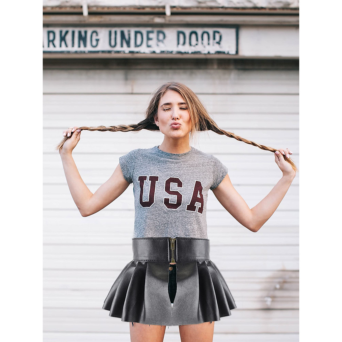 Sun Kea Women's Dress Belt PU Leather Pleated Fashion Stretchy Peplum Cinch Belt Skirt Style Elastic Wide Waistband