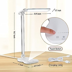 rigors Led Desk Lamp with USB Charging Port, 5 Lighting Colors & 10 Brightness Reading Lamp, Foldable Dimmable LED Desk Light, 3000-6500K, Violin Shape Lamp Desk Lamps for Home Office-White