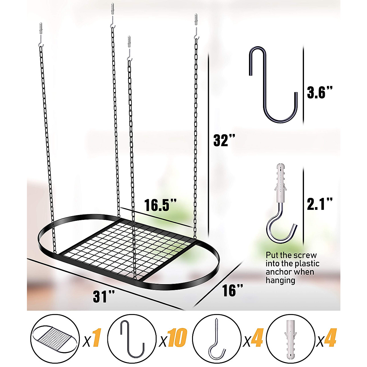 Kaptron Pot Rack Ceiling Mount Cookware Pan Rack Hanging Hanger Organizer Storage with 10 Pot Hooks - Multi-Purpose Organizer Holder for Home, Restaurant, Kitchen Cookware, Utensils, Household