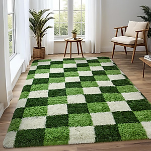 Larhom Modern Checkerboard Rug for Living Room Bedroom, 4x6 Ft Green Checkered Fluffy Carpet, Thickened Memory-Foam Area Rug for Kids Nursery Dorm, Home Decor, Anti-Slip and Easy to Clean